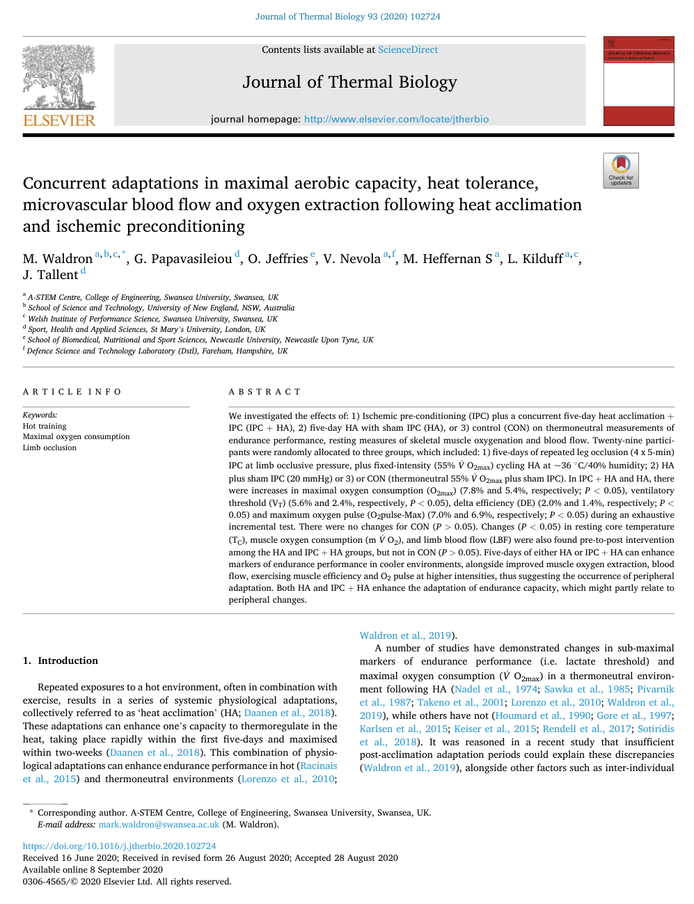 New Study: Explores the effect of heat acclimation and ischemic ...